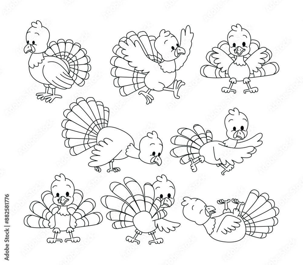 Set of turkey doodle collection, turkey outline coloring page or book ...