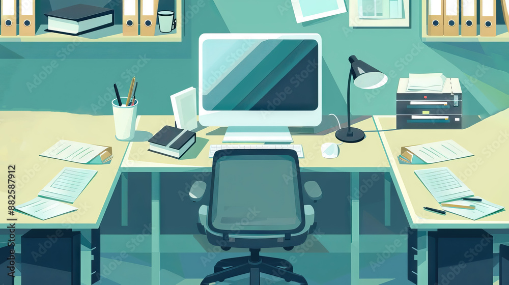 office worker, background a shape with Office desks, computers, and ...