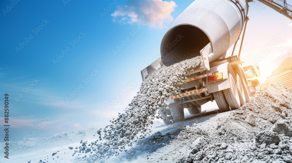 Dynamic scene of a cement mixer truck pouring concrete, construction ...