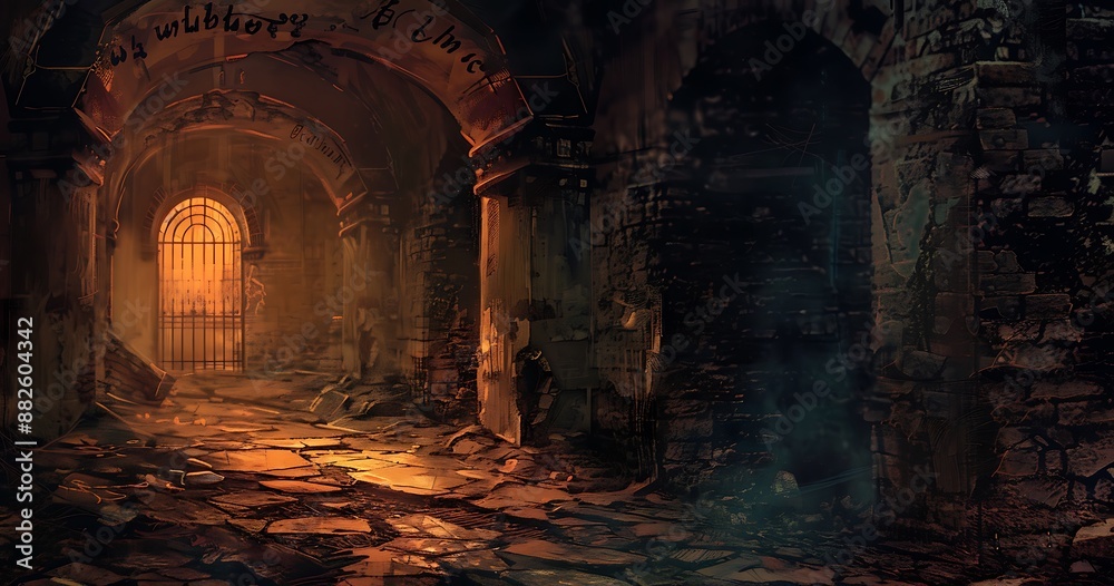 Mysterious and dark fantasy dungeon corridor with stone walls and ...