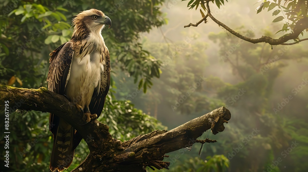 Philippine eagle perched on a tree branch, detailed feathers and intense gaze, dense forest ...