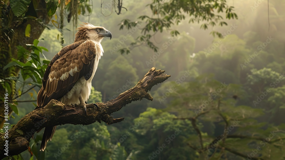 Philippine eagle perched on a tree branch, detailed feathers and ...