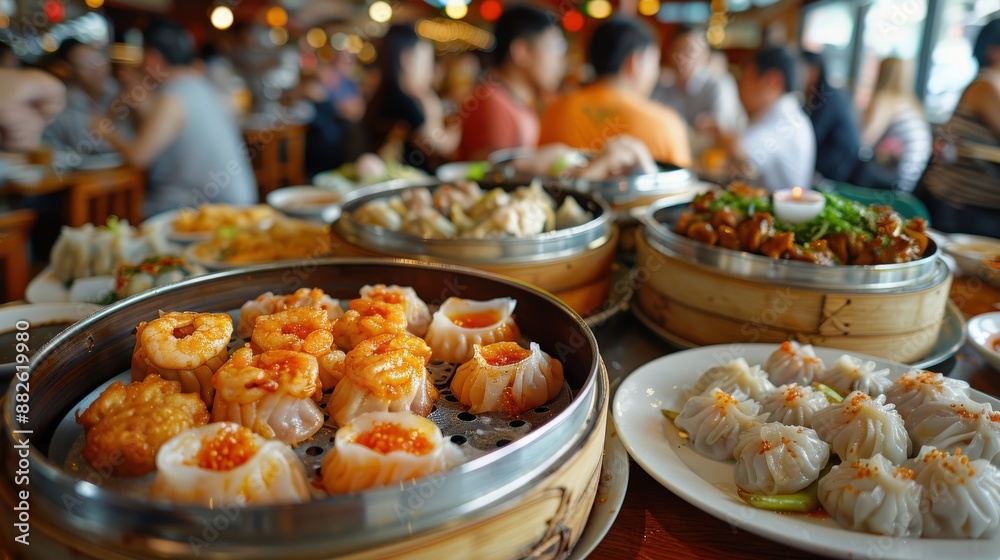 Overhead shot of a variety of dim sum dishes, including shrimp ...