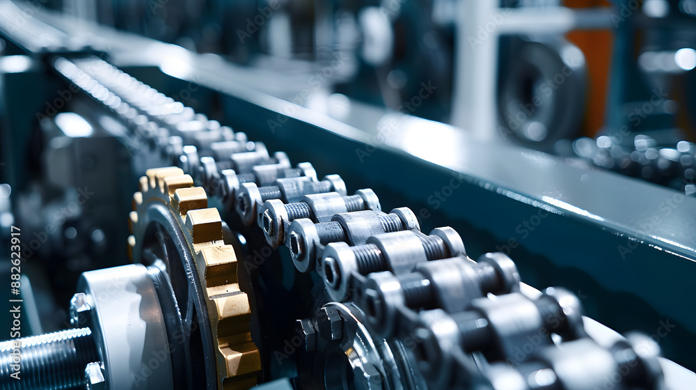 Gear chain drive shaft in conveyor belt is on production line. Timing ...