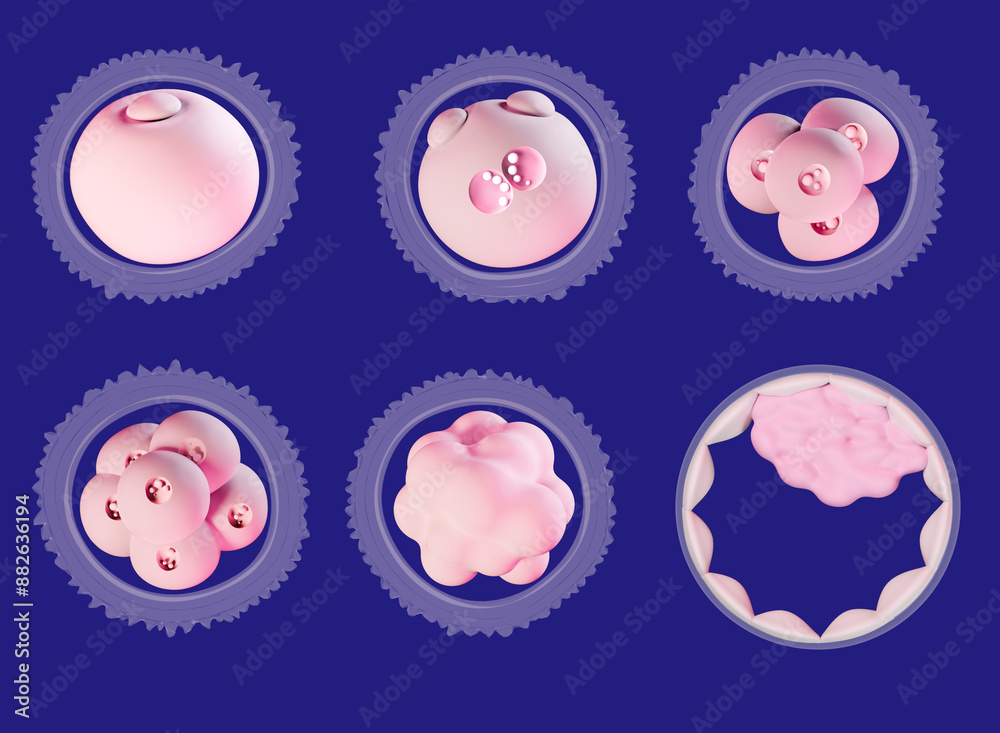 Human embryos. Egg, fertilized egg, 4-cell stage embryo, 8-cell stage embryo, morula and ...