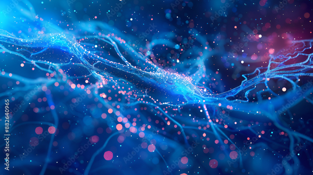 Nerve cell blue color banner, system neuron of brain with synapses ...