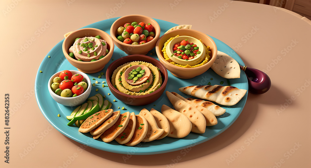 An illustration of a Middle Eastern mezze platter, with hummus, baba ghanoush, falafel ...