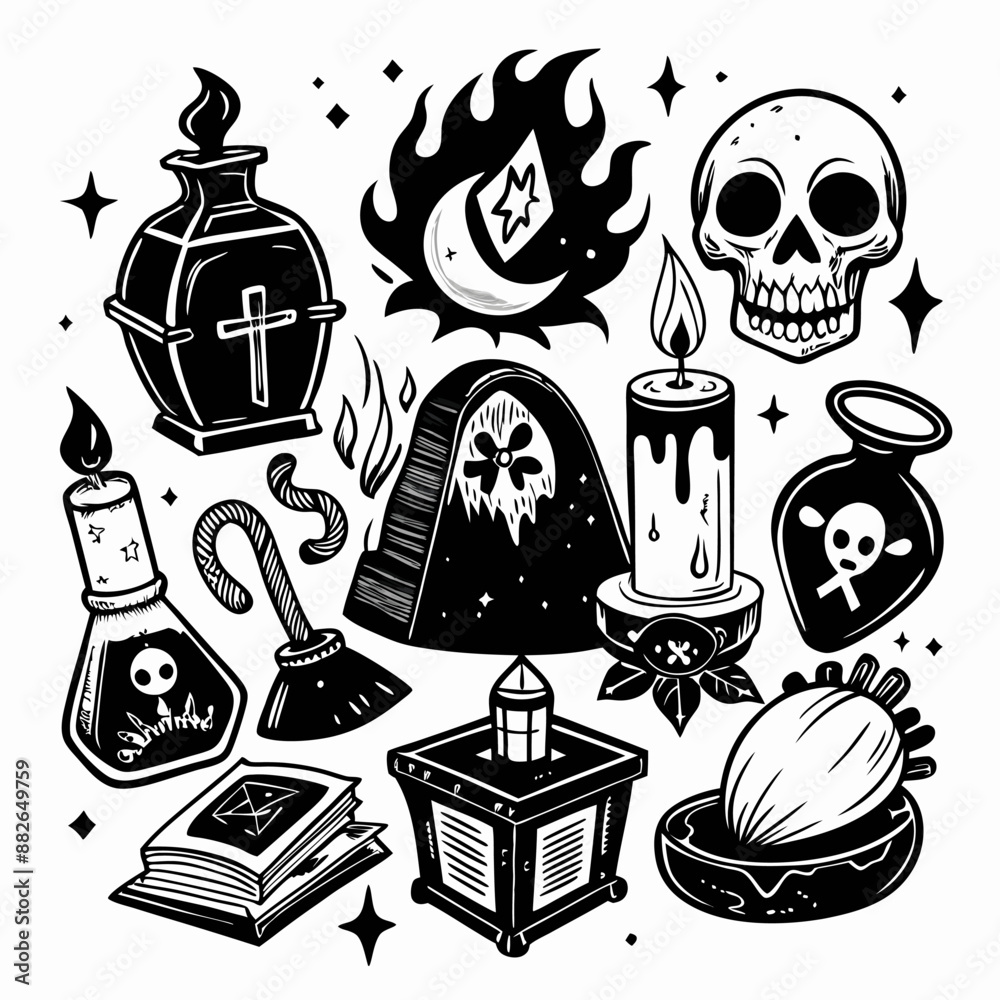 Black and White Halloween Icons Spooky Skull, Witchcraft Elements, and ...