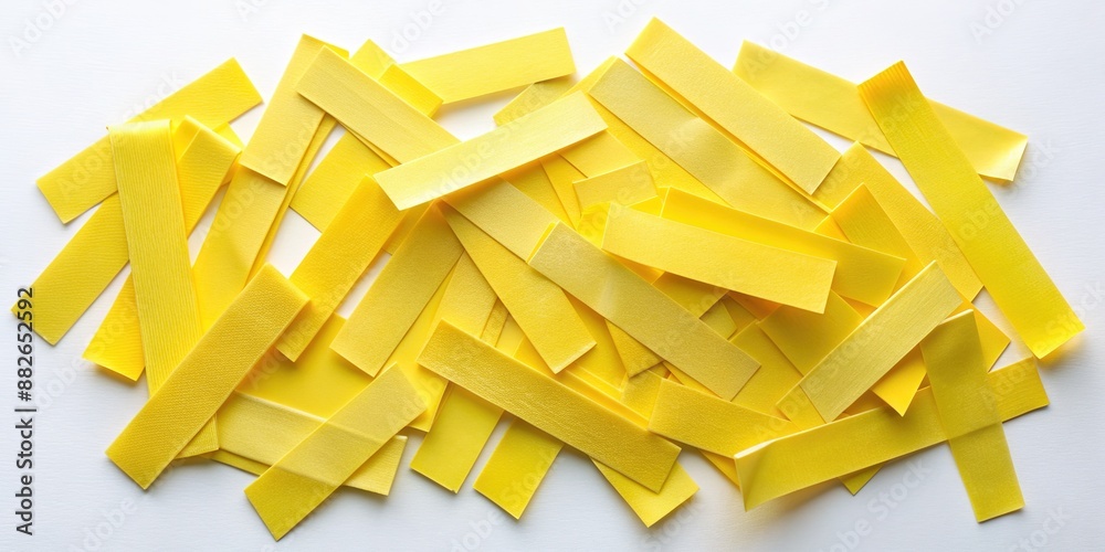 Vibrant yellow adhesive strips of varying sizes, torn and scattered ...