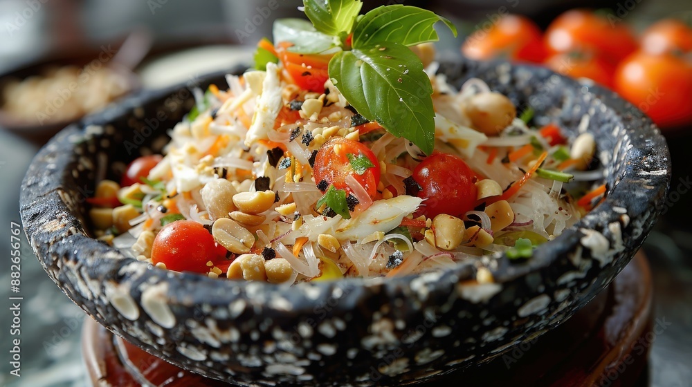 Close-up of Som Tum with crab, showcasing tender crab meat, shredded ...