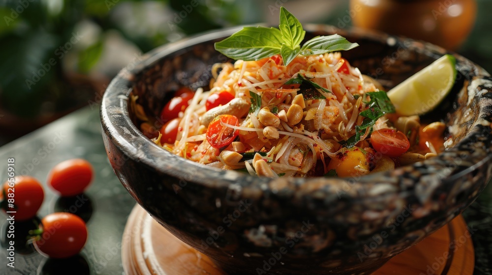 Close-up of Som Tum with crab, showcasing tender crab meat, shredded ...
