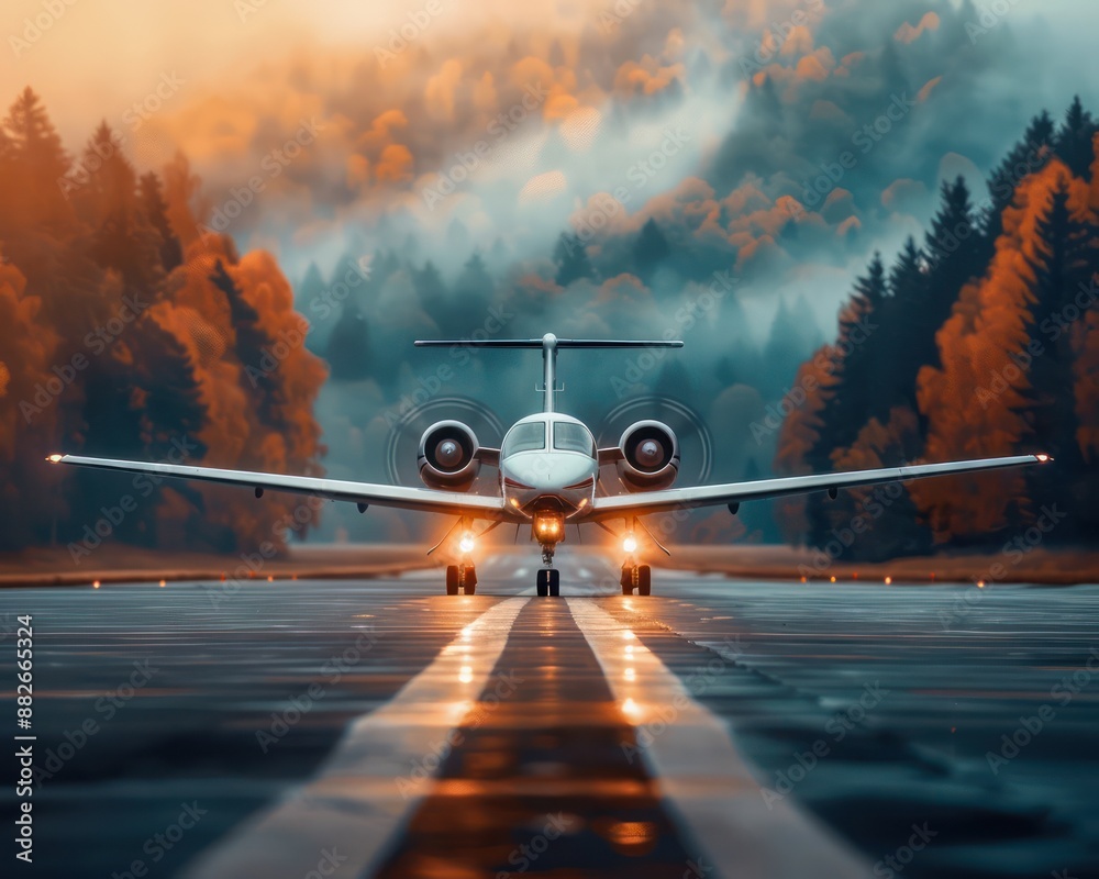 Private Jet Taking Off from Airstrip at Dawn, Ascending into a Misty ...