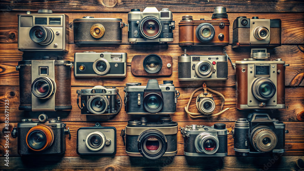 Vintage and modern cameras of various formats and sizes arranged ...