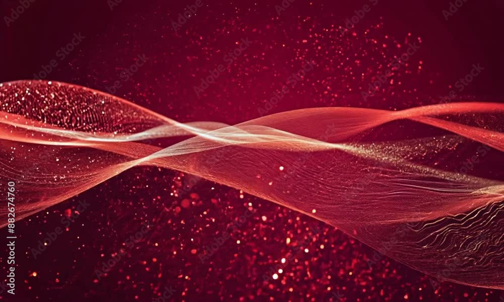 An abstract red wave pattern with sparkling particles on a dark ...