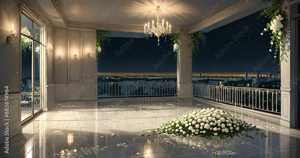 white patio terrace of palace mansion interior at night. art deco ...