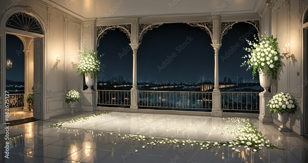 white patio terrace of palace mansion interior at night. art deco ...