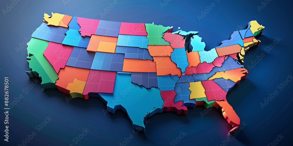 Vibrant 3D rendering of the United States map highlights state ...