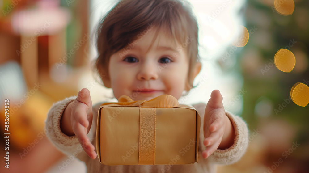 little child with gift box, A young child holding a birthday present ...