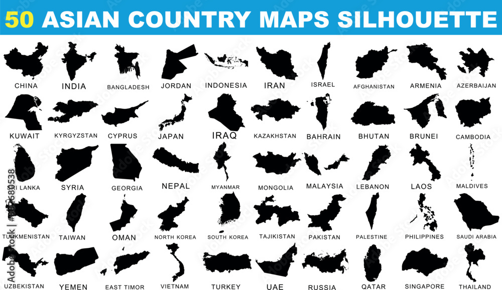 Asian country map silhouette vector set, black geographic borders, 50 ...