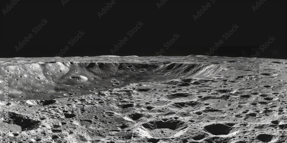 high resolution horizontal image of the lunar surface, we see a ...