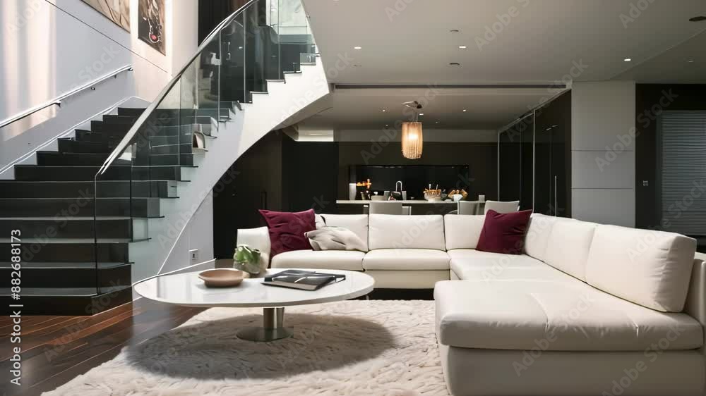Video animation of modern living room interior with a sleek black ...