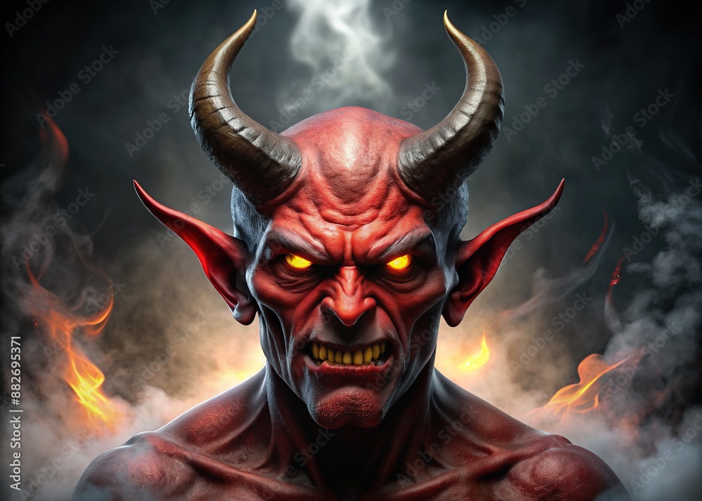 Menacing crimson-skinned demon's gruesome head with glowing yellow eyes ...