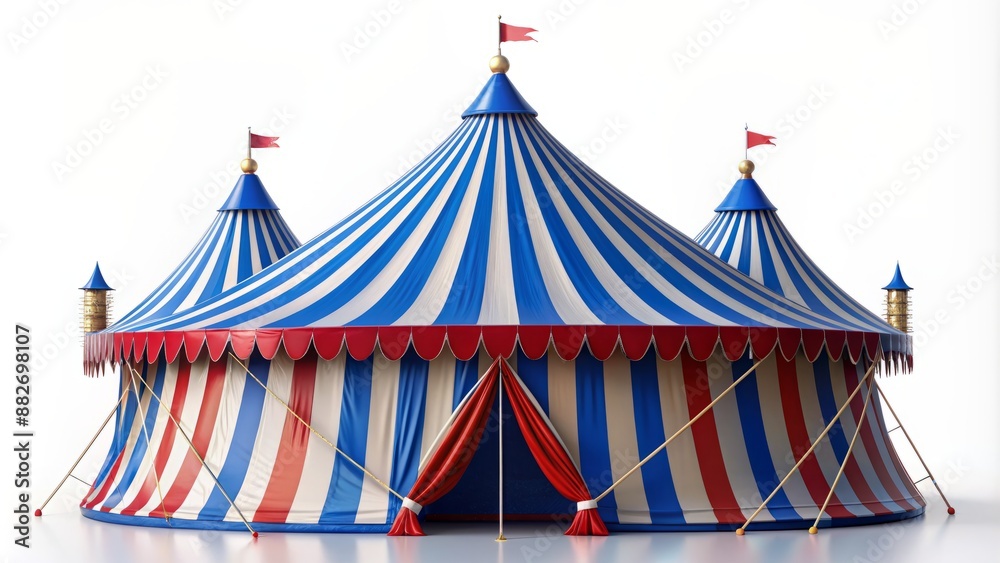 Vibrant red and blue striped circus tent stands isolated against a pure ...