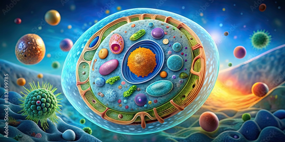 Eukaryotic cell structure with nucleus, organelles, and plasma membrane ...