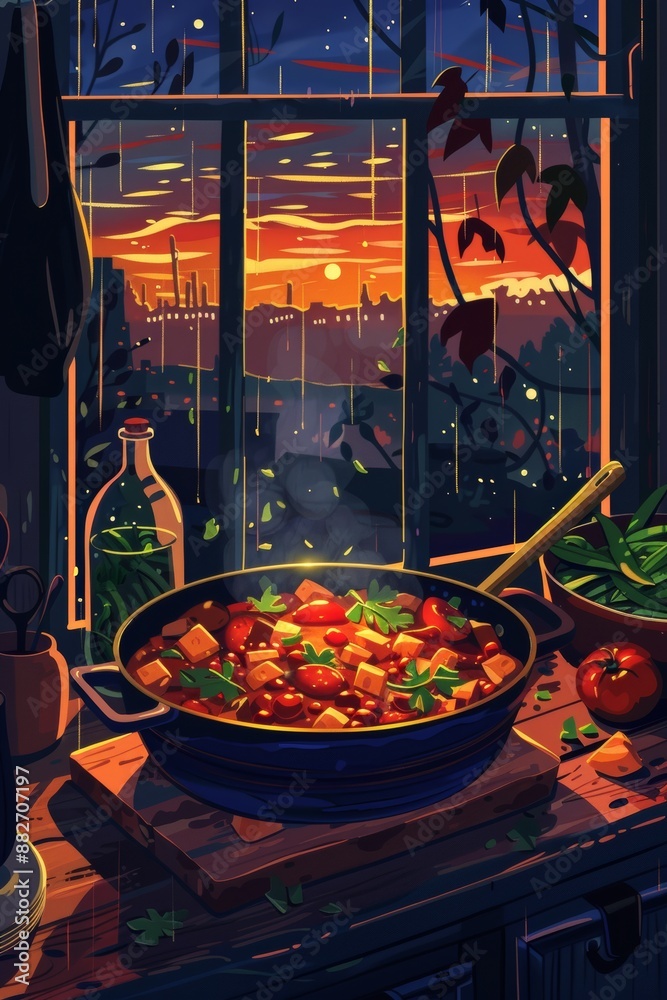 simple flat-shade drawing corporate memphis, of stew cooking in a pot ...