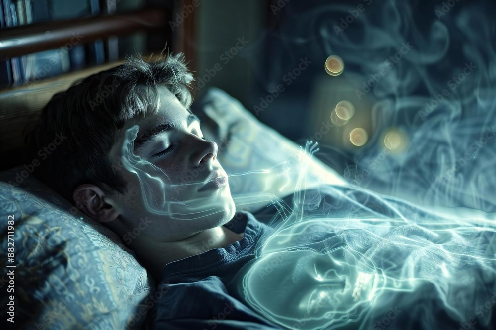 conceptual photo of a young man sleeping in bed with a translucent ...