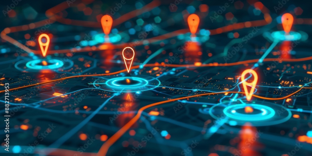 Futuristic digital map with holographic pins indicating various ...
