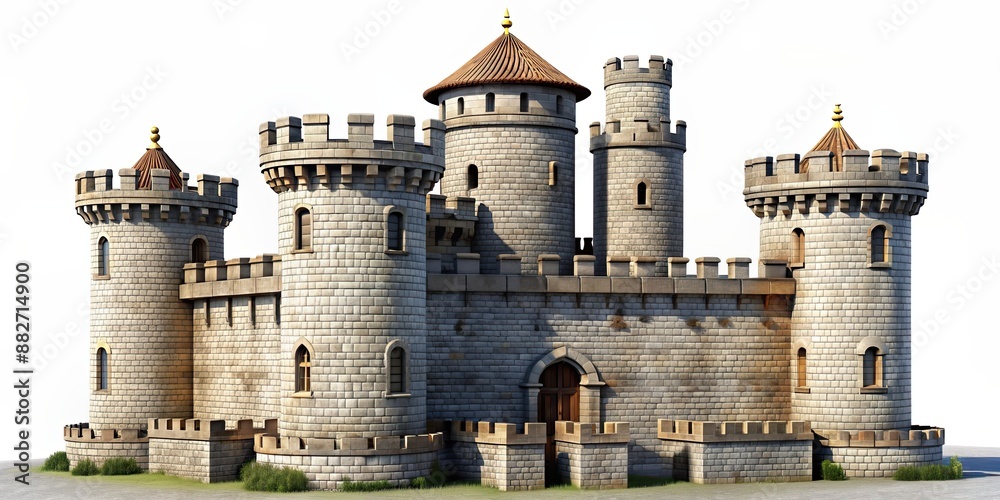 Isolated render of a medieval castle tower in various angles, fortress ...