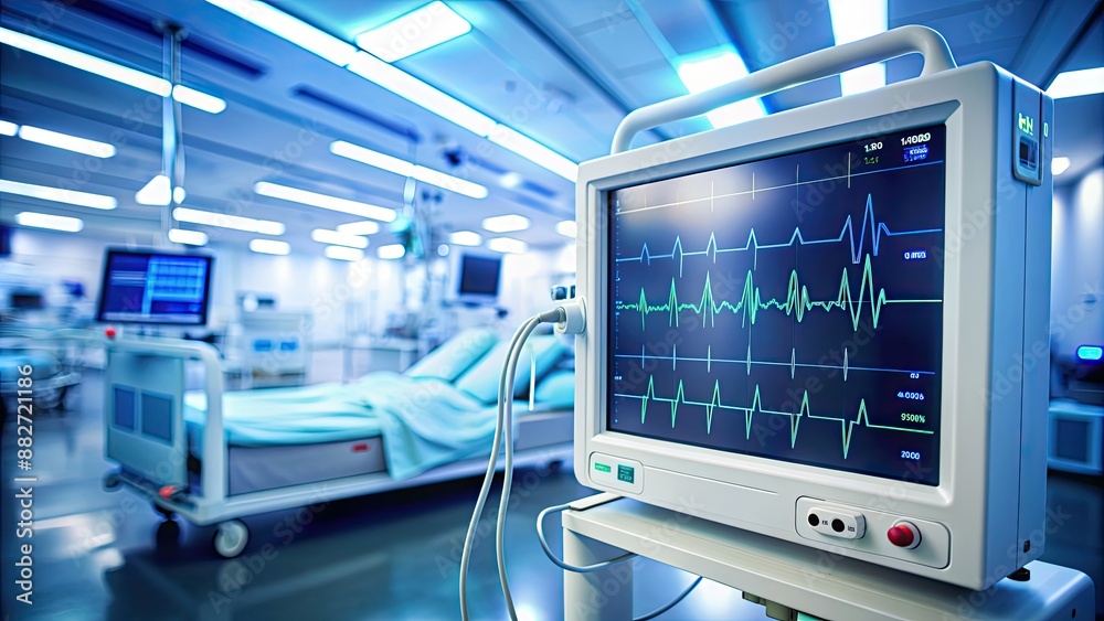 Heart monitor displaying vital signs in hospital setting, medical ...