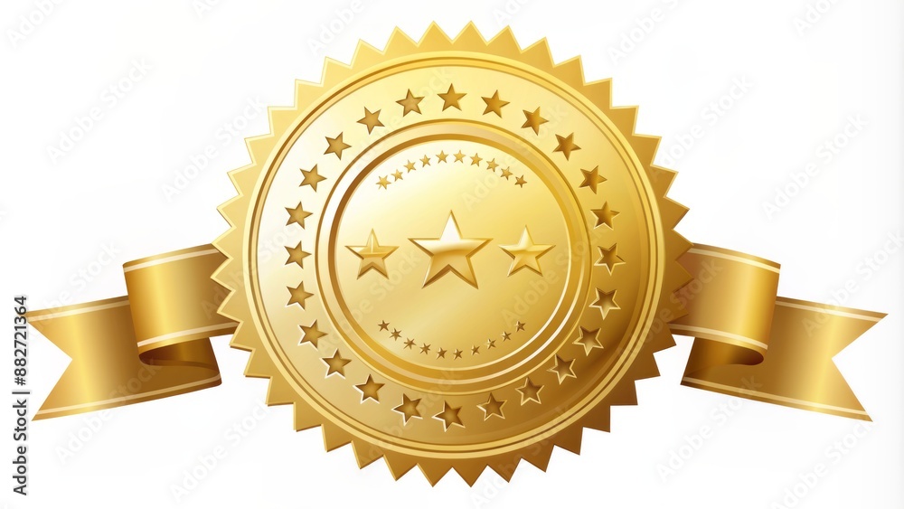 Golden seal stamp with ribbon and stars, high-quality certification ...