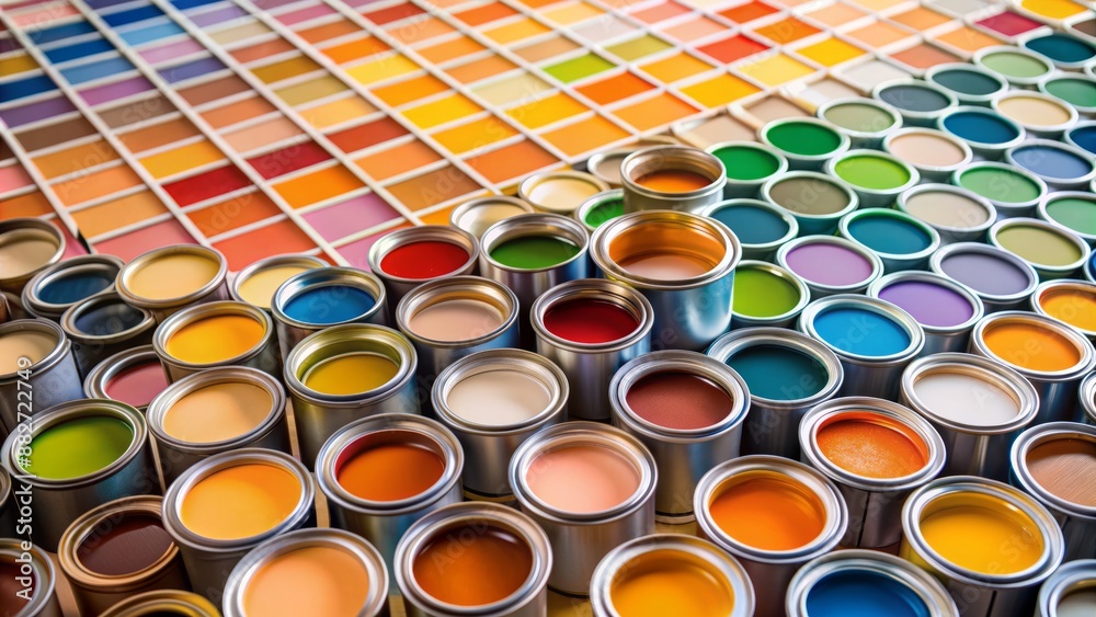 Tiny sample paint cans scattered on a table amidst renovation chaos ...