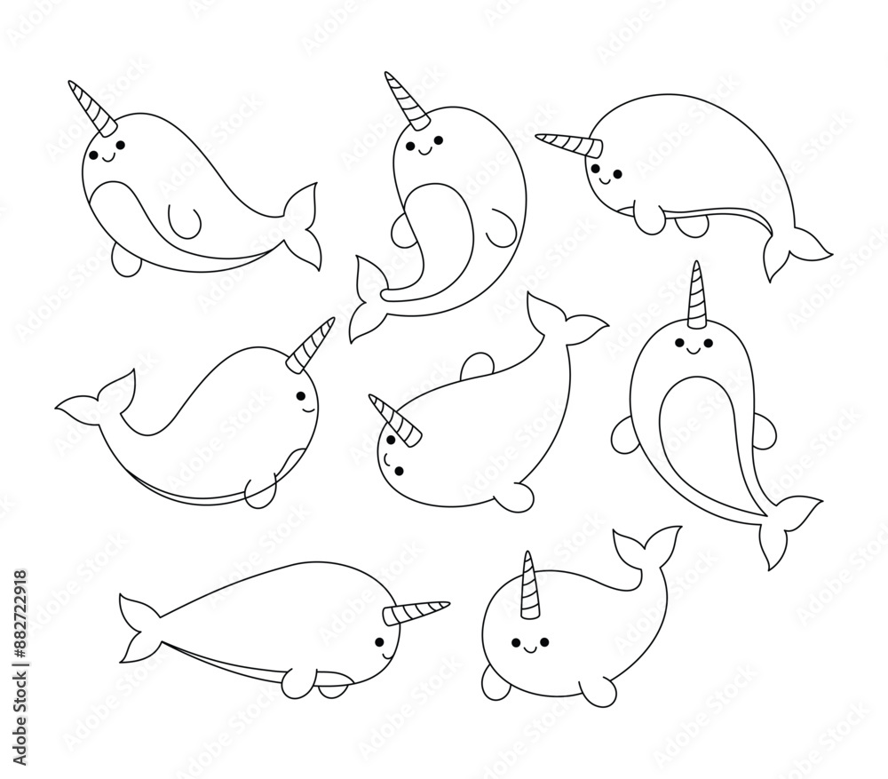 Vetor de Set of narwhal doodle collection, narwhal outline coloring ...