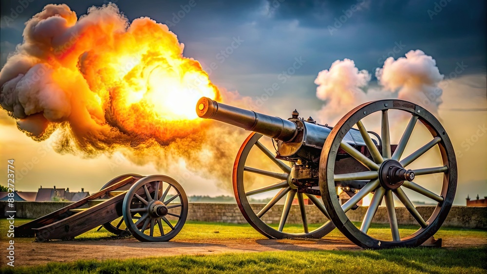 Historic canon being fired in a dramatic display , artillery, weapon, battle, history, military ...
