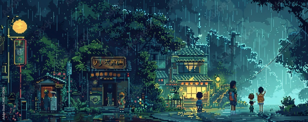 A pixel art depiction of a pixelated group of children playing dress-up ...