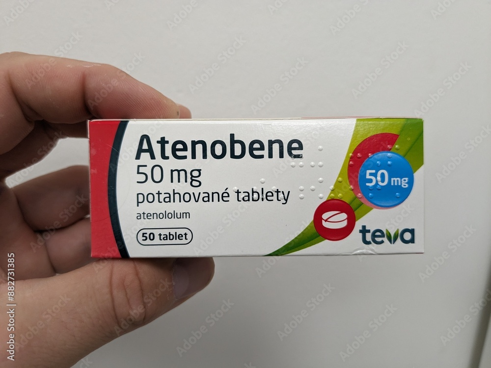 Prague, Czech Republic - July 10 2024: ATENOBENE box of medication with ...