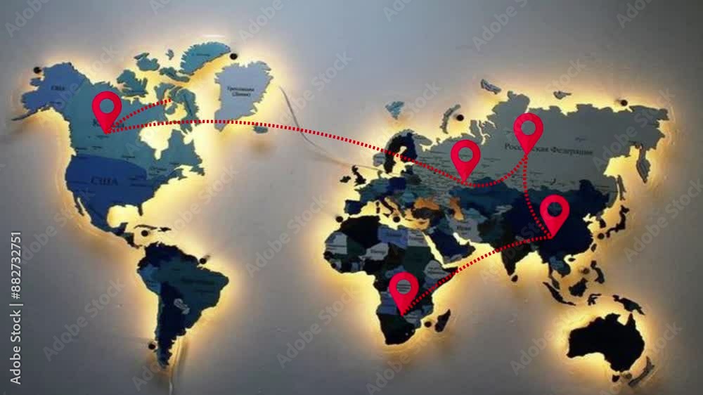 Animation of the world map with delivery points and routes. World map ...