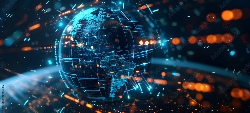 blue hologram globe with world map with glowing data streams, ai global ...