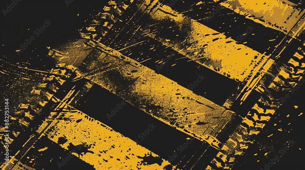 Wheel braking marks and yellow grunge tire tracks. Shadows of trucks ...