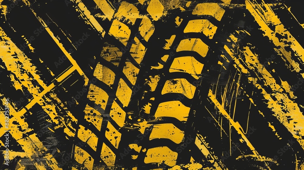 Wheel braking marks and yellow grunge tire tracks. Shadows of trucks ...