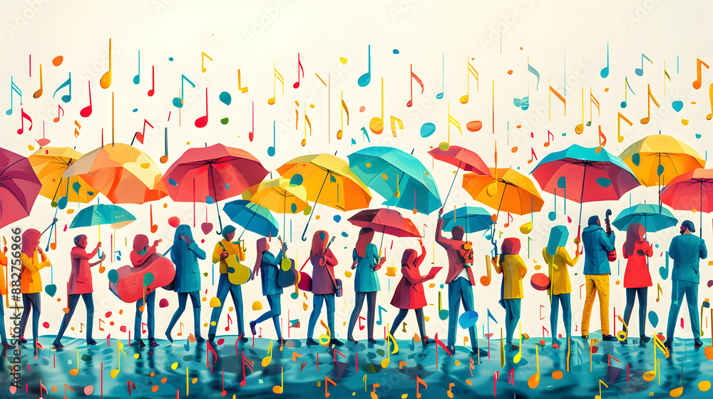 3D Flat Icon: People with Umbrellas at Outdoor Concert, Rain Shower ...