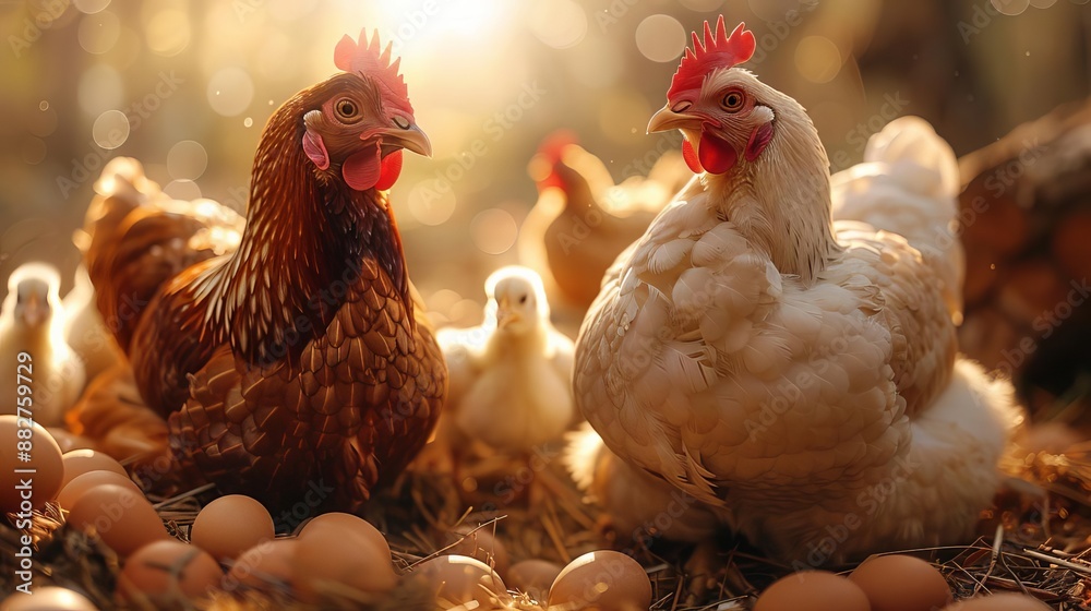 laying chicken farm, crowded hen house, natural egg laying scene, high ...