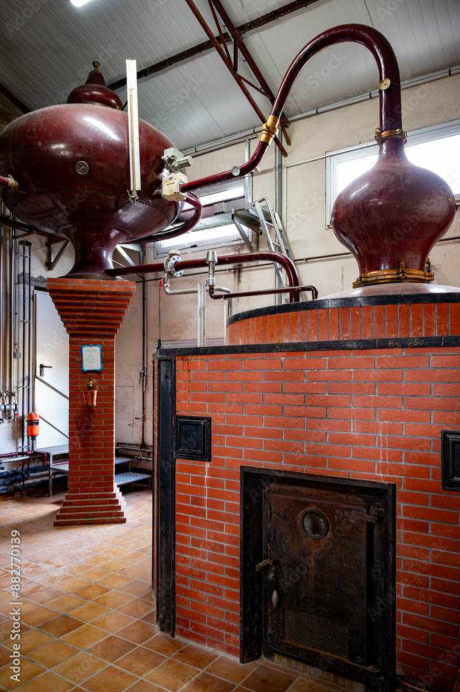 Double distillation process of cognac spirit in Charentias copper ...