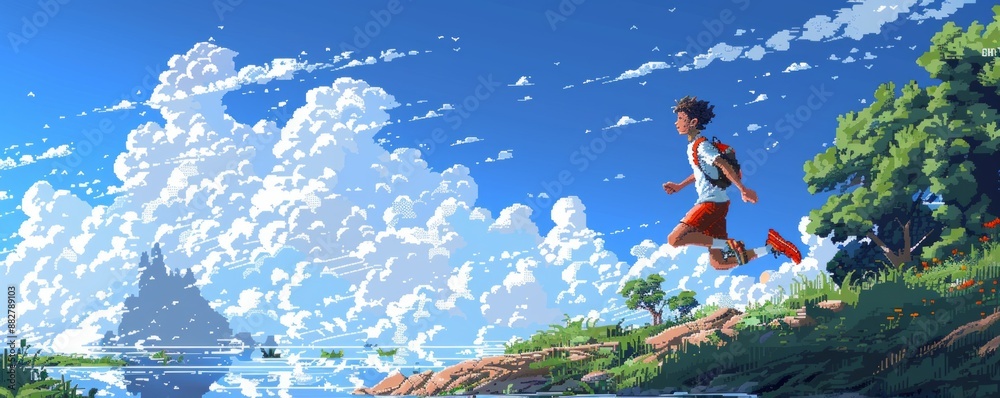 A pixel art illustration of a video game character jumping and running ...