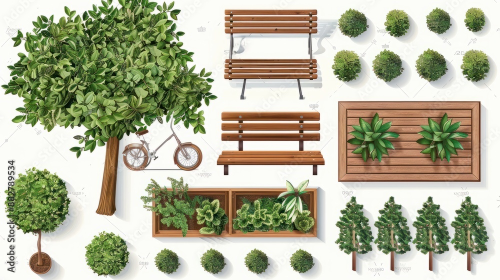 'wooden landscaping Collection vector plan view symbols Set benches top ...