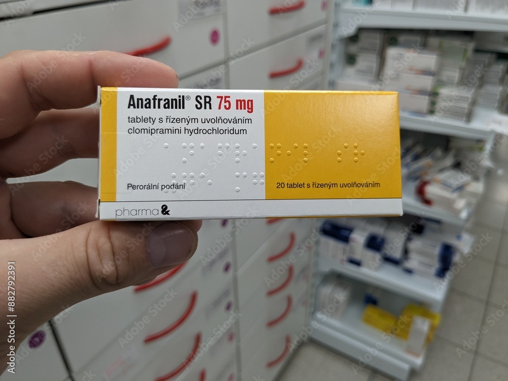 Prague, Czech Republic - July 10 2024: ANAFRANIL box of medication with ...
