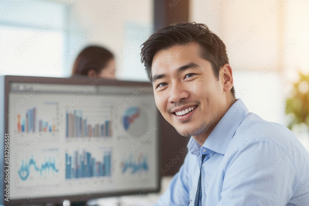 Portrait of happy businessman against white screen background with ...